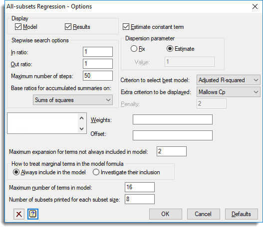 All Subsets Regression - Generalized Linear Models Options • Genstat v22