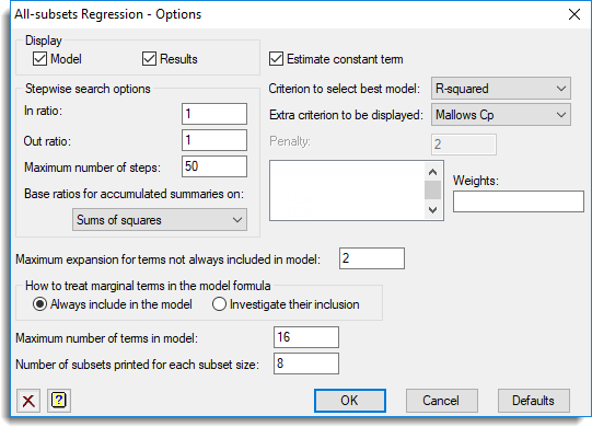 All Subsets Regression - Linear Models Options • Genstat v22