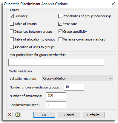 Quadratic Discriminant Analysis Options • Genstat v22